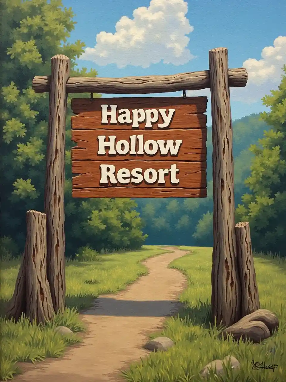 Artistic Representation of Happy Hollow Resort Signage