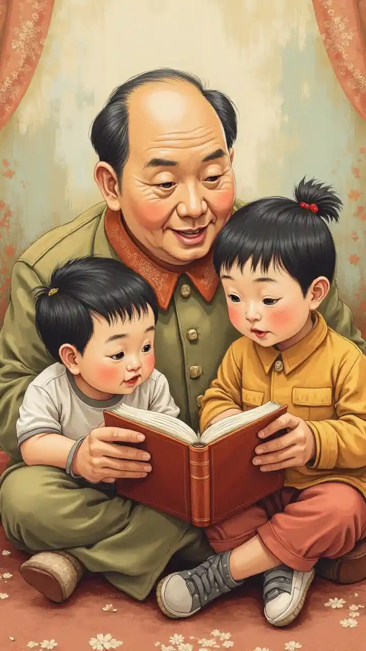 Mao Zedong Reading a Book with His Two Children