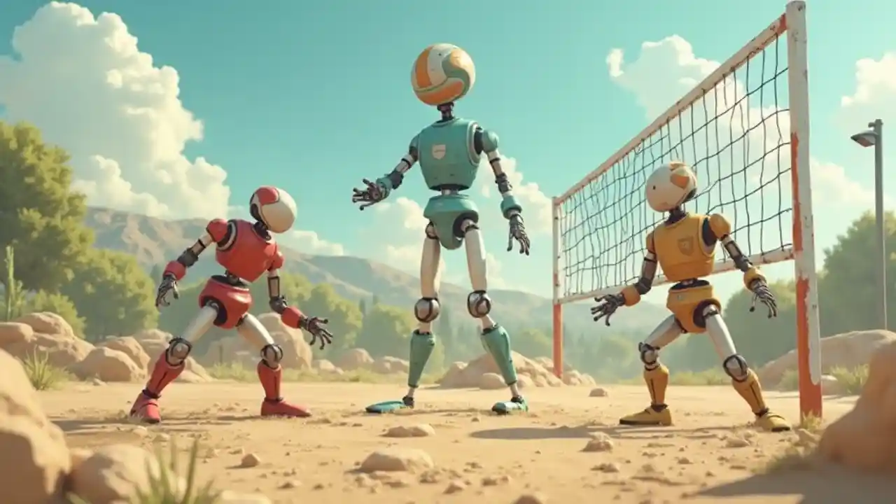 Faceless Silo Robots Engage in Energetic Volleyball Match