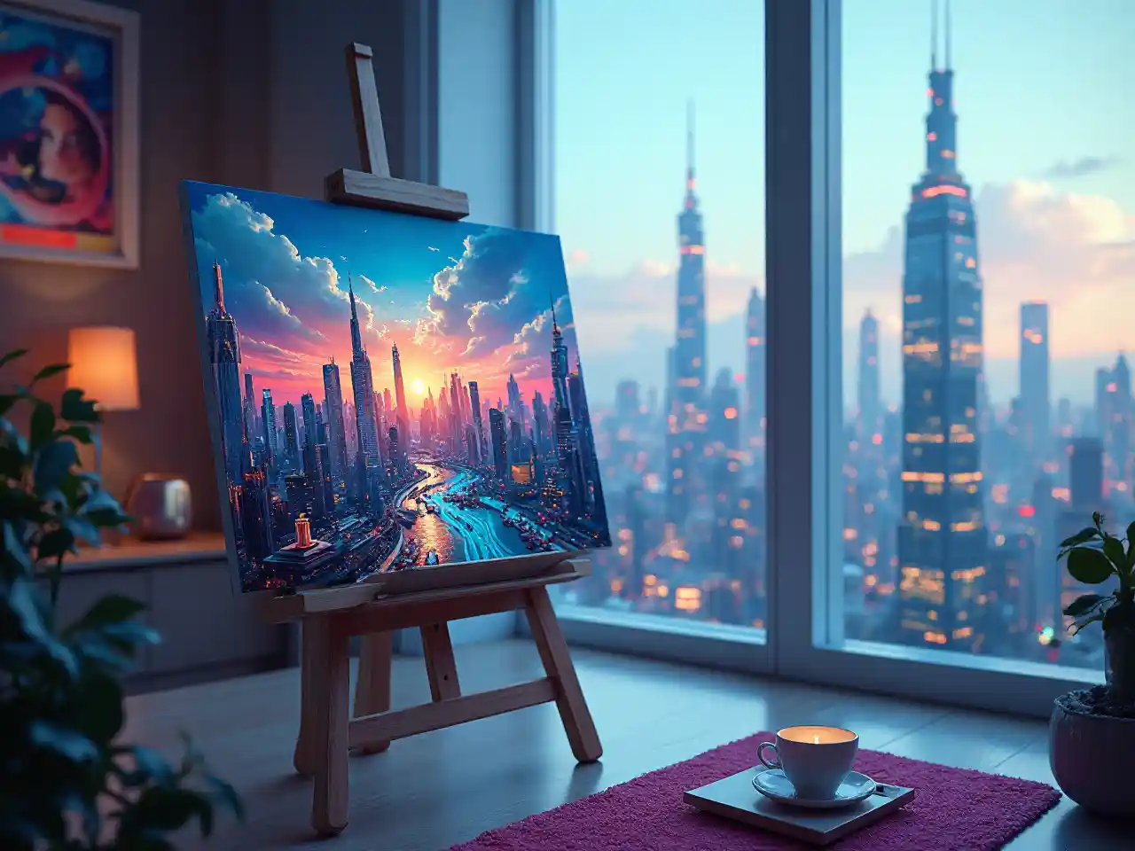 Futuristic Easel Showcasing a Vibrant Sci-Fi Cityscape