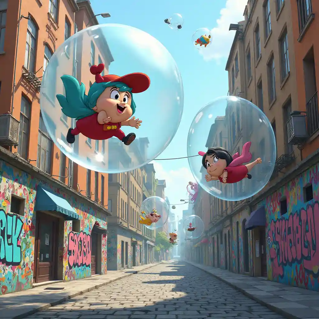 Playful Cartoon Characters Floating in Graffiti Bubbles