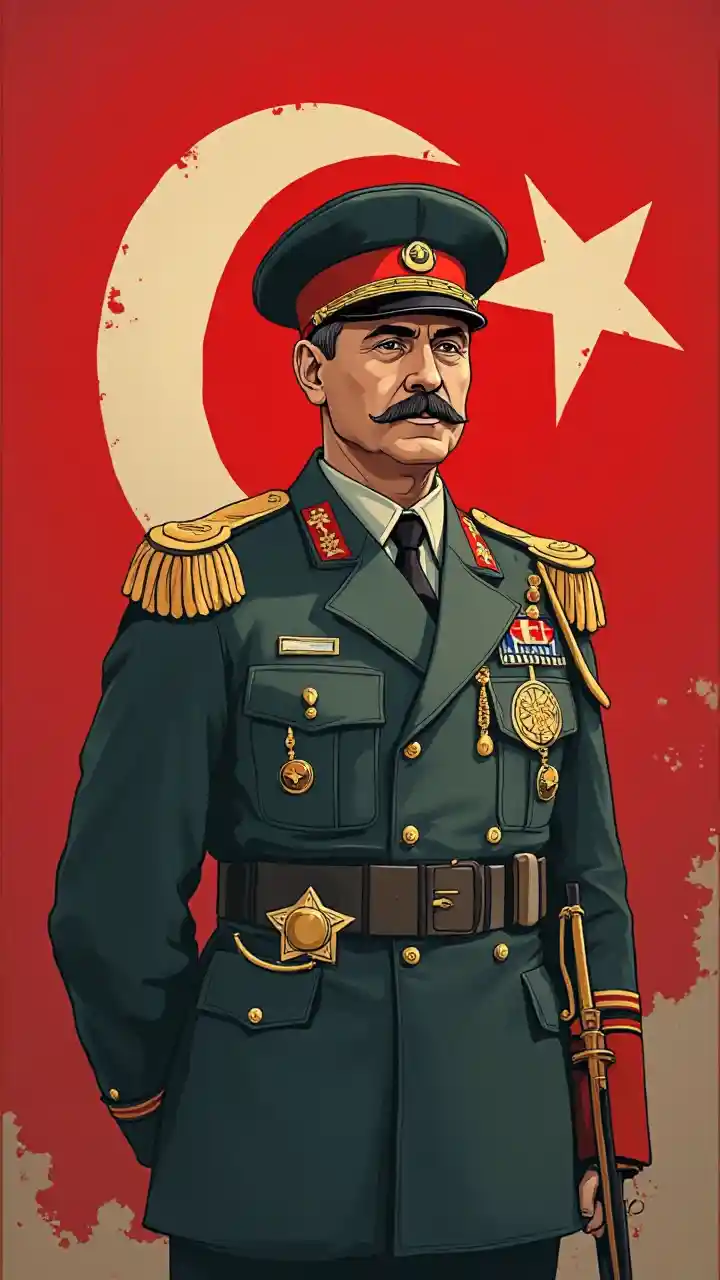 Illustration of Ataturk in Military Uniform with Turkish Flag