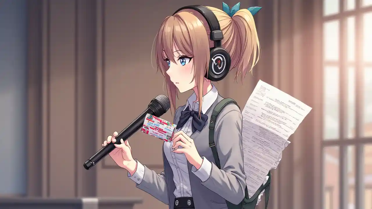 Anime Reporter Girl with Headphones and Microphone