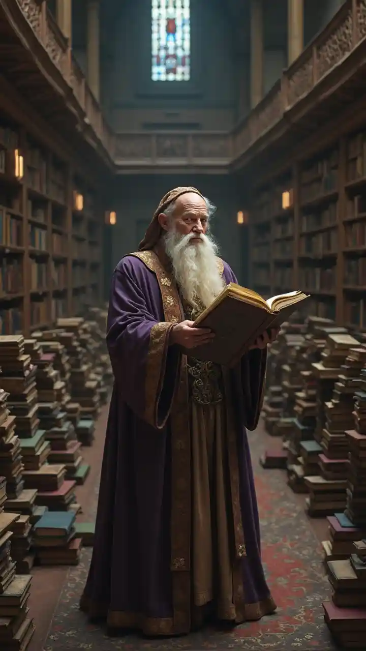 The Knowledgeable Wizard in the Grand Library of Ancient Texts