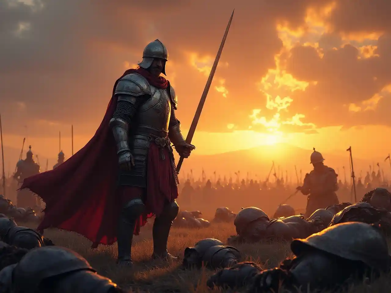 A Brave Crusader Knight Stands Tall Amidst Fallen Enemies