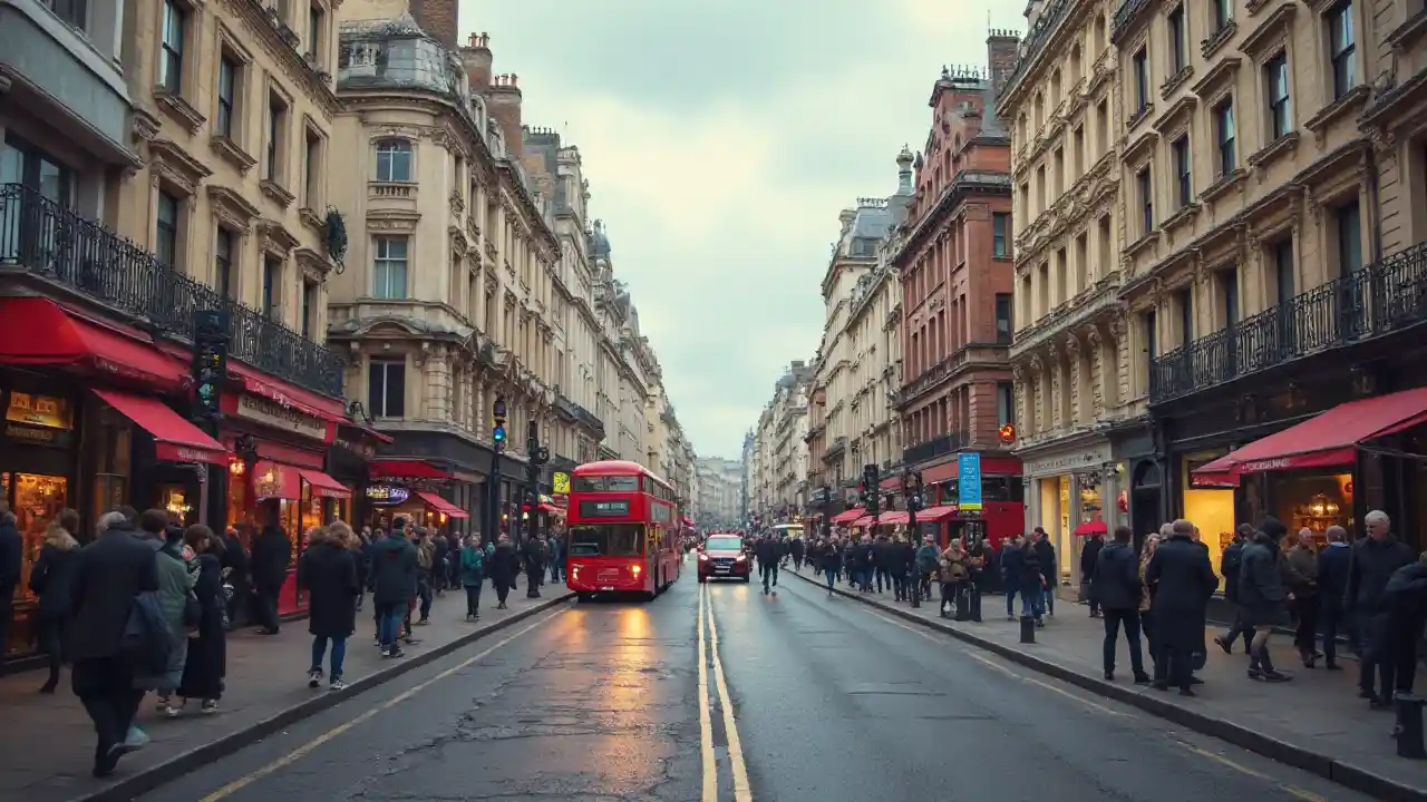 Artistic Visualization of a Bustling London Street Scene