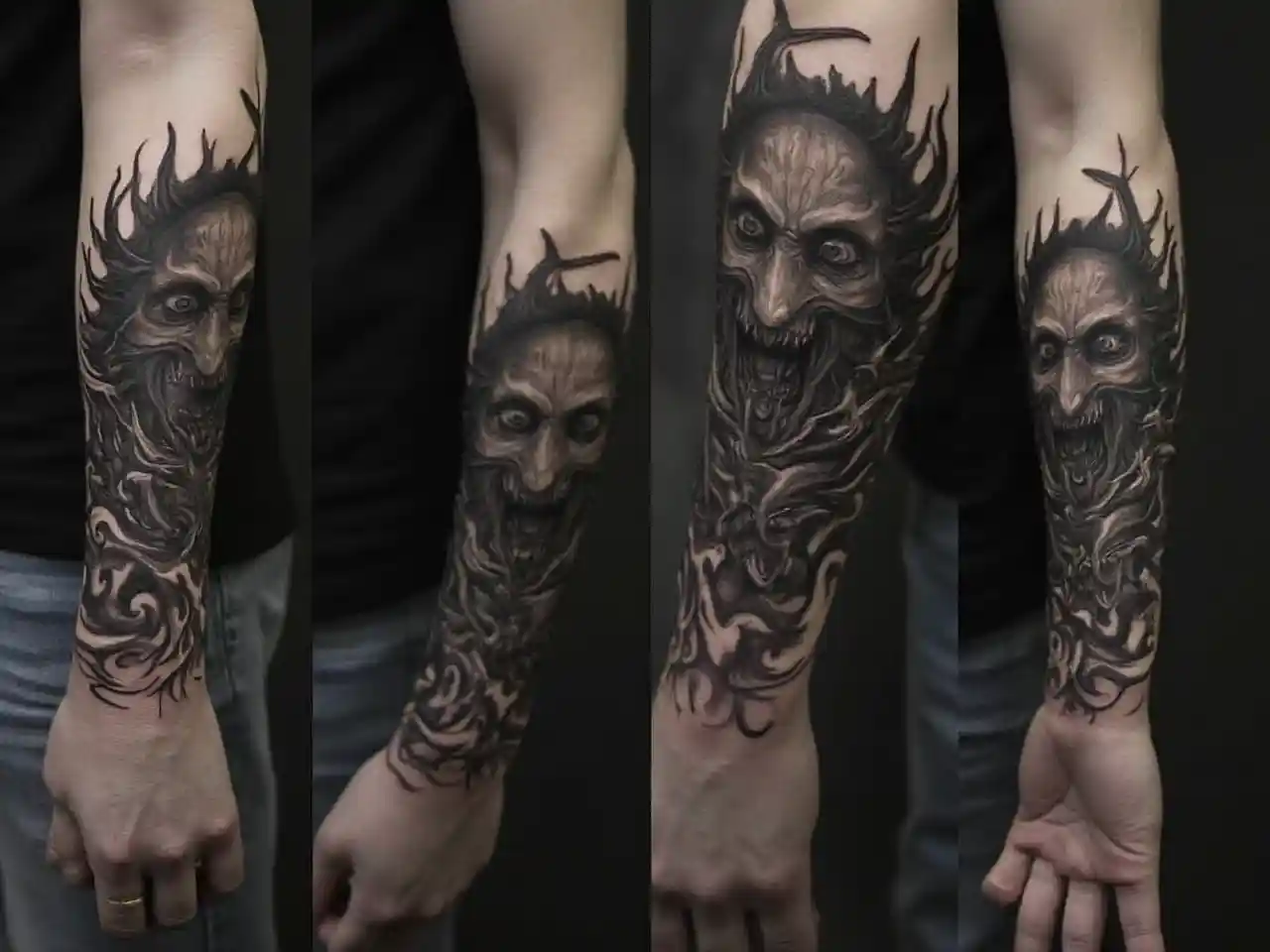 Intricate Dark Fantasy Tattoo of Grotesque Face and Patterns