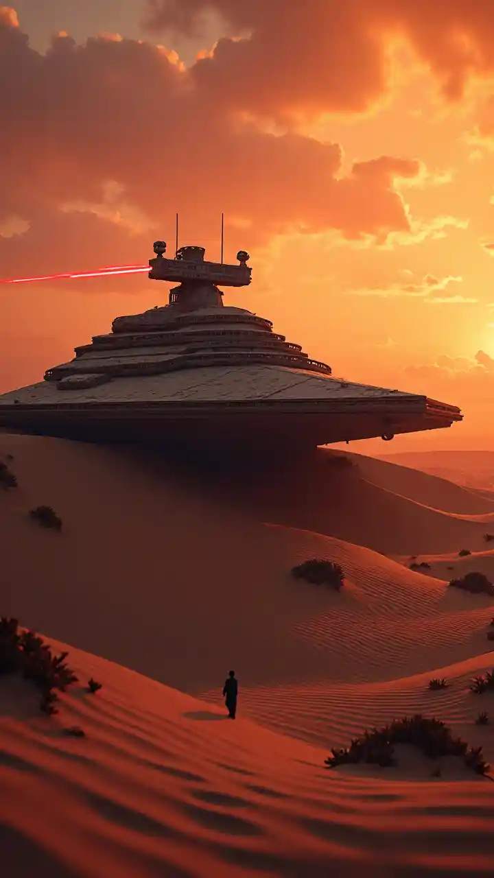 Star Destroyer in Sunset: A Distant Figure and Red Lasers