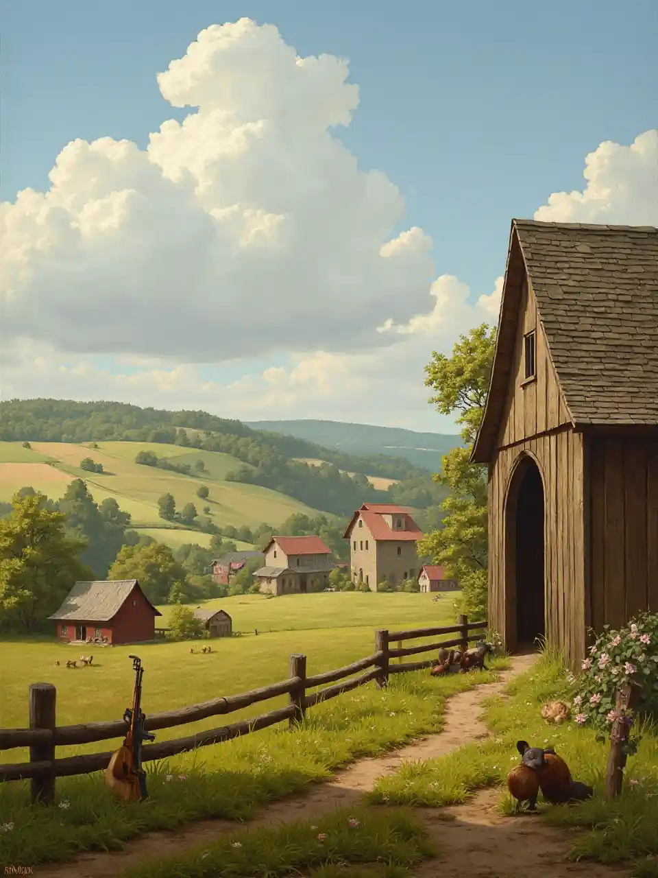 Scenic Farm Landscape Featuring Barns and Rolling Fields