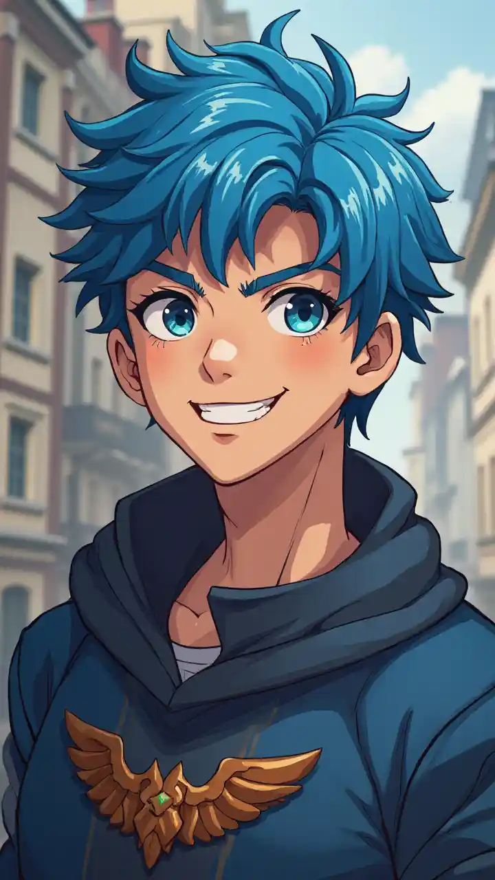 Portrait of a Young Male Hero Smiling with Blue Hair