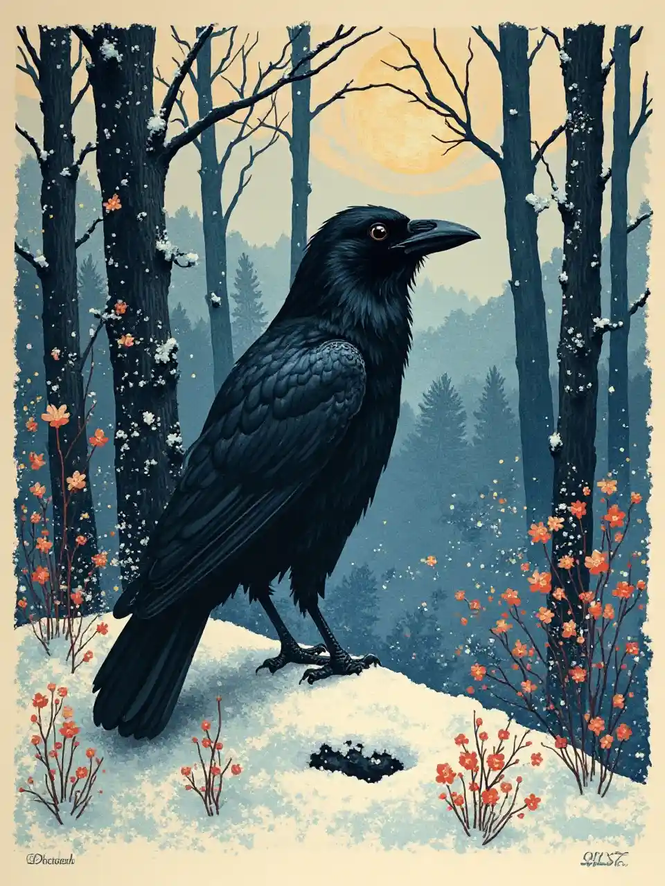 A Beautiful Color Woodblock Print of a Raven