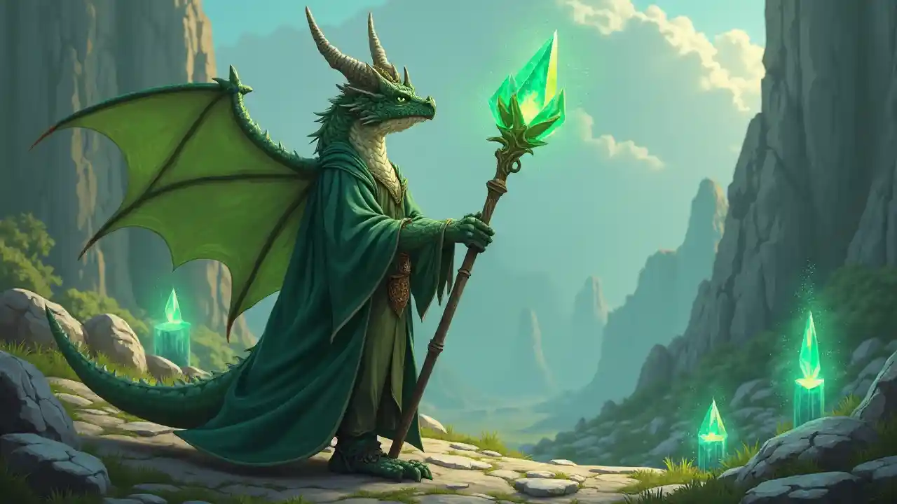 The Enigmatic Green Dragonborn Wizard in Fantasy Realm