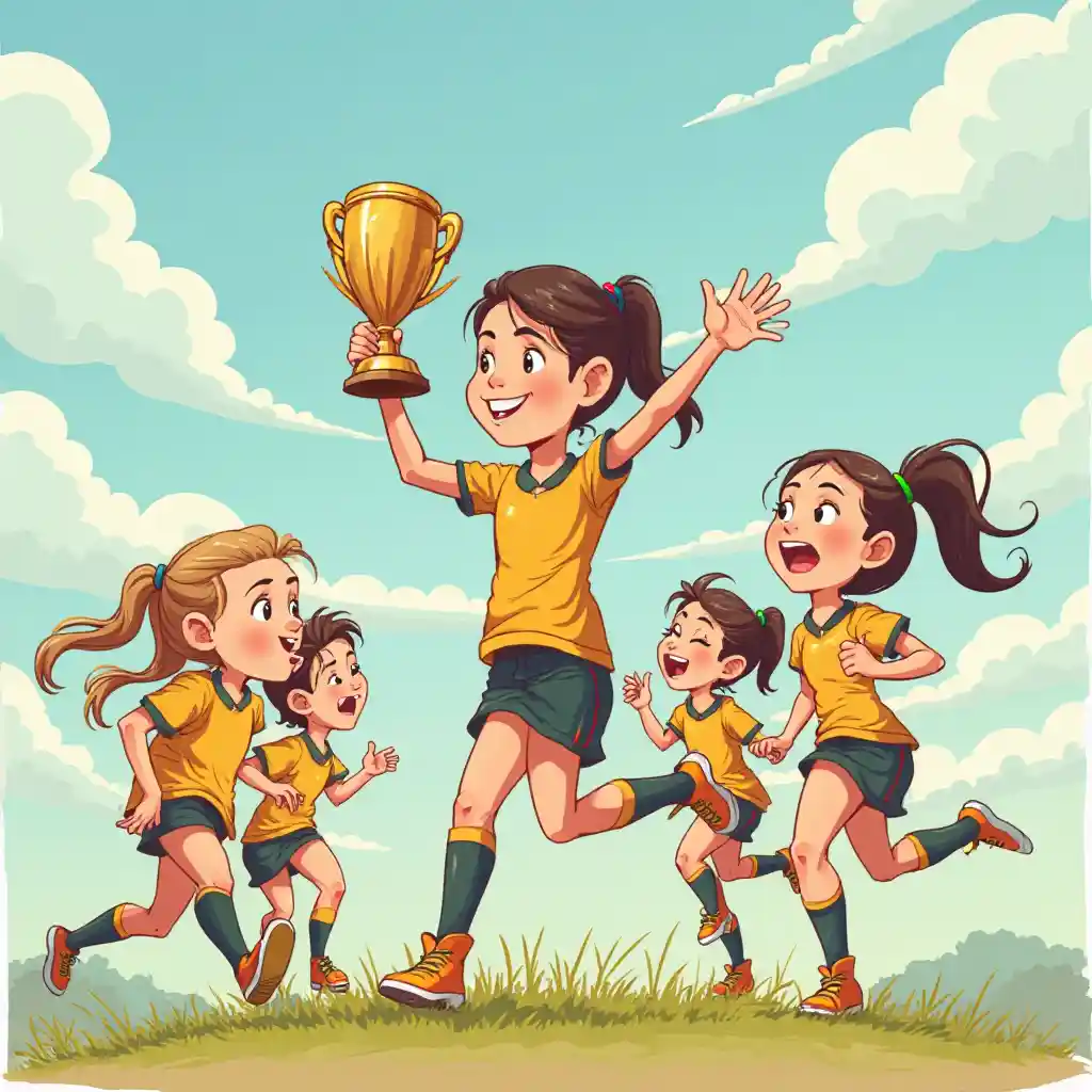 Inspiring Cartoon of a Female Leader Leading Her Team to Victory