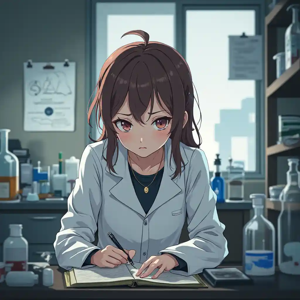 Exhausted Anime Scientist Struggles with Lab Experiments
