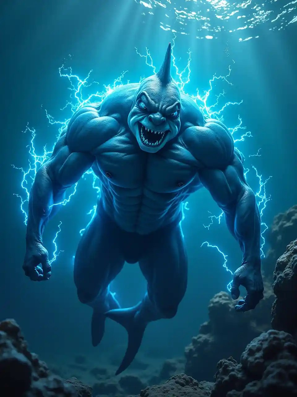 The Mighty Shark Superhero with Glowing Blue Lightning