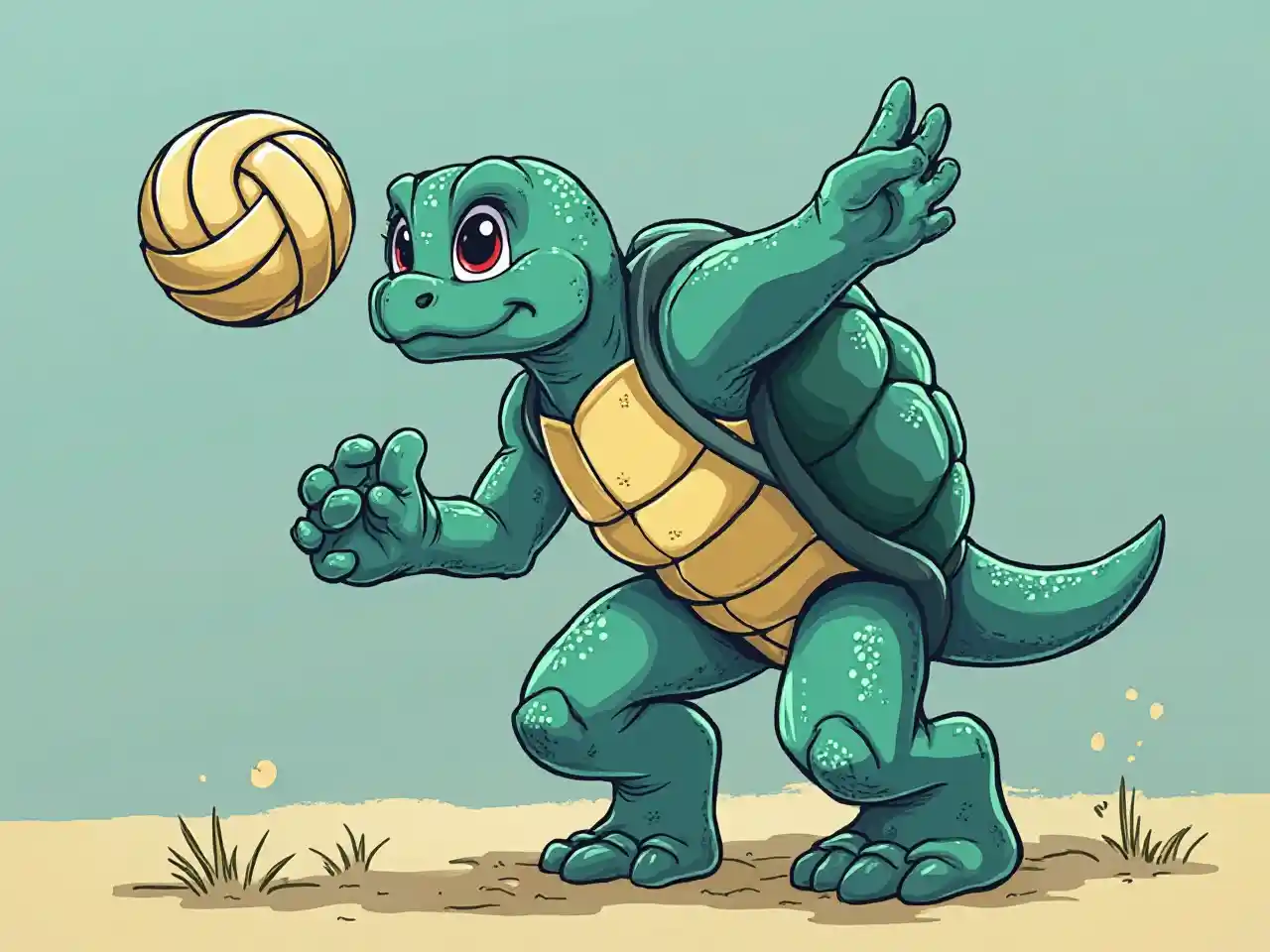 Adorable Teal Turtle Mascot Spiking Volleyball in NFL Style