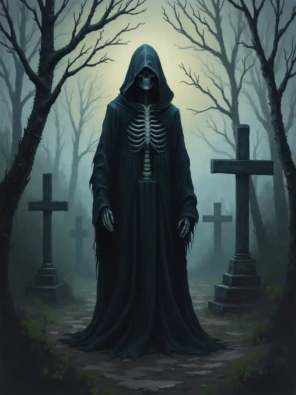 Hooded Skeleton in a Misty Graveyard: A Macabre Scene