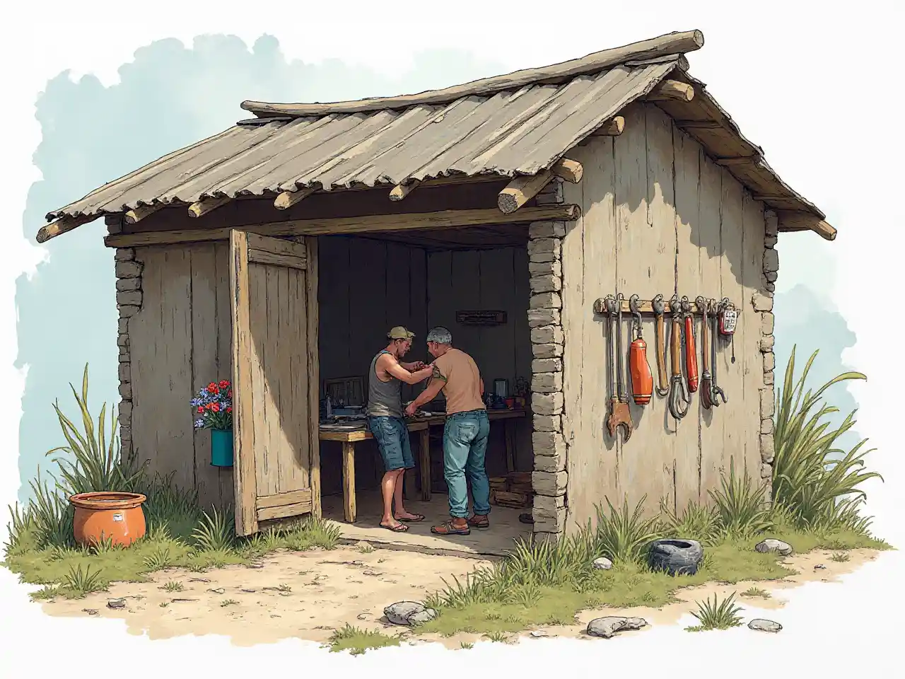 Detailed Rendering of Rustic Community Shed and Its Workers