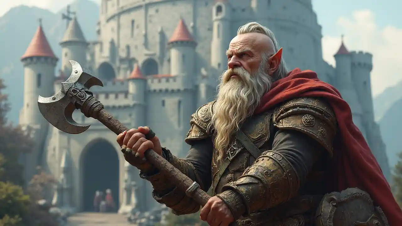 A Dwarf Warrior in Ornate Armor Before a Castle