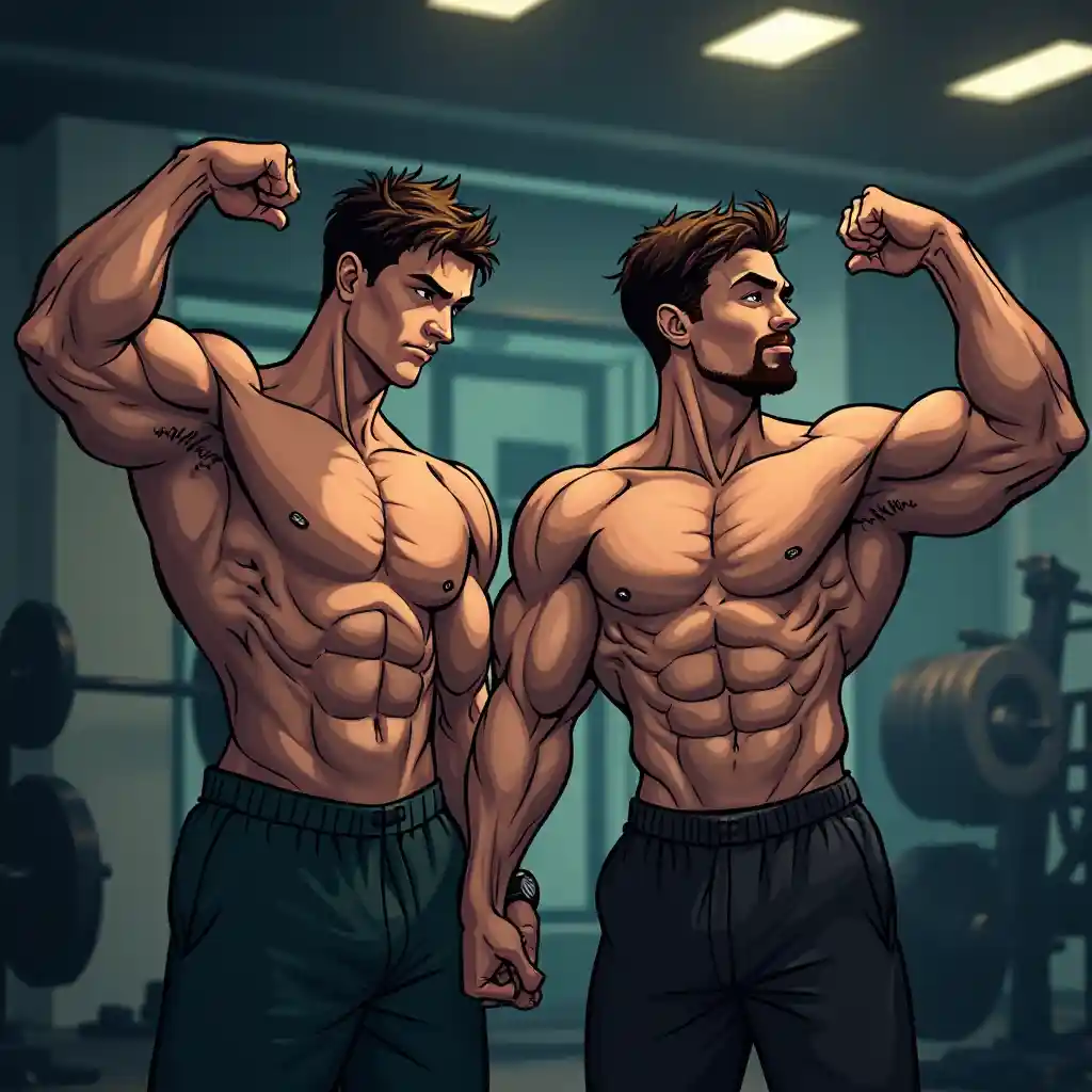 Muscular Men Flexing in Dramatic Gym Lighting