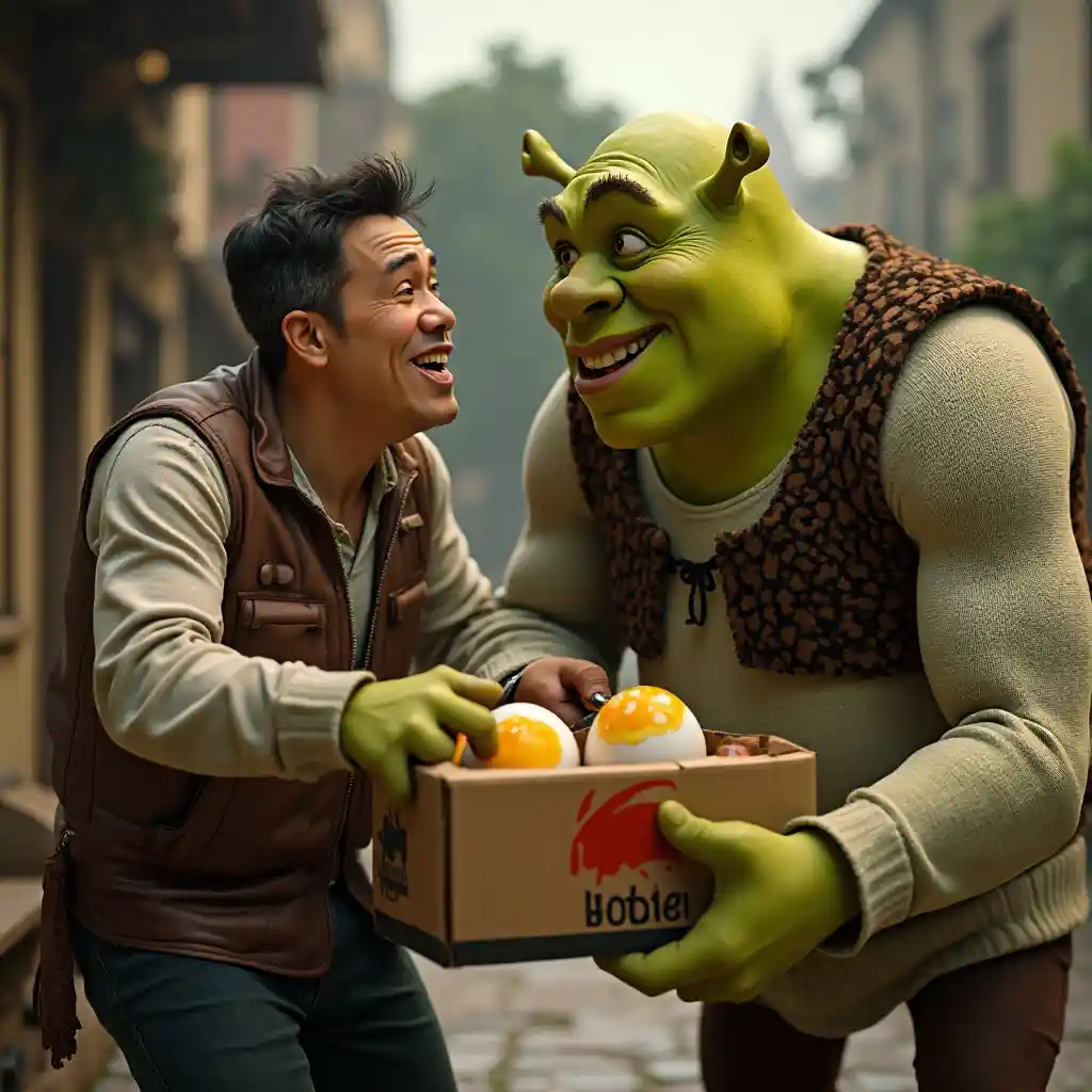 Shrek Displays His Teeth to a Surprised Egg Delivery Man
