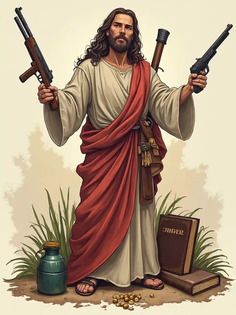 The Unconventional Depiction of Jesus with Weapons and Scripture