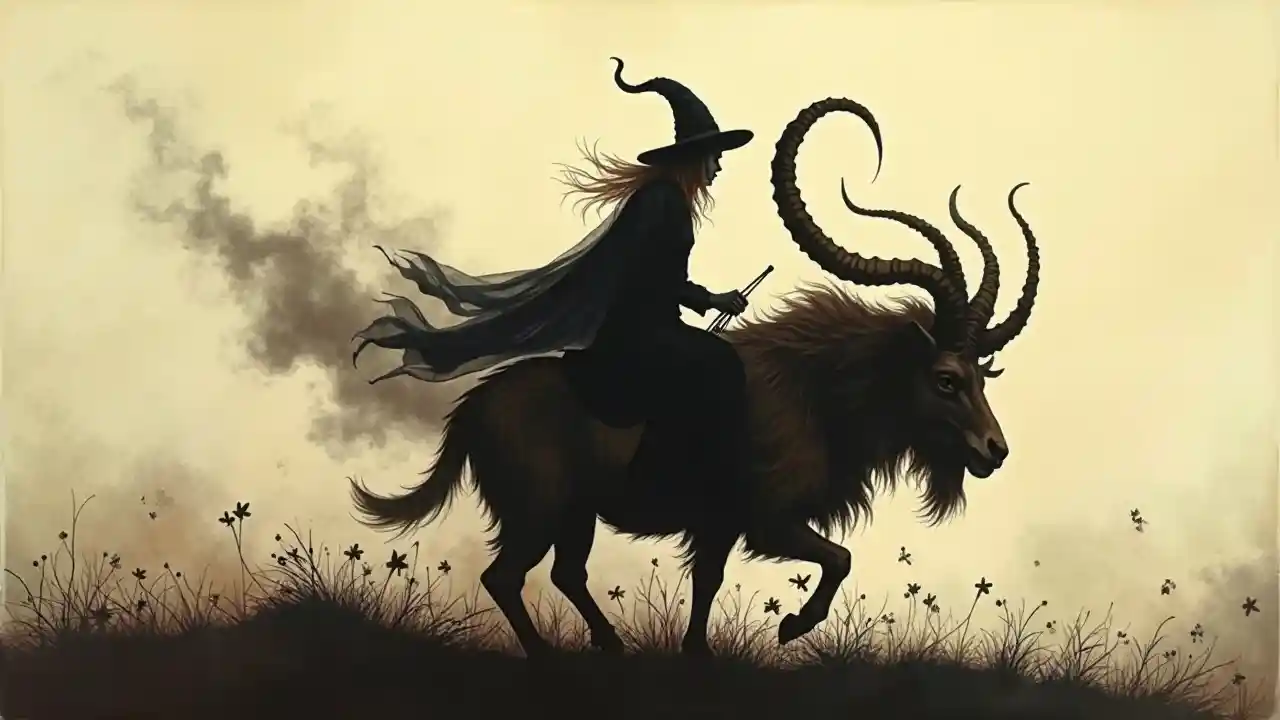Hyper-Detailed Painting of a Witch Riding a Goat