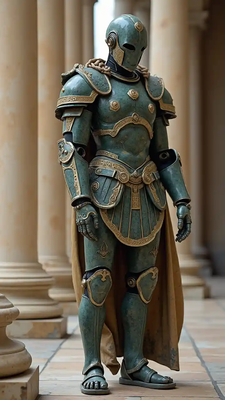 A Bronze Robot in Ancient Greek Armor by Stone Columns