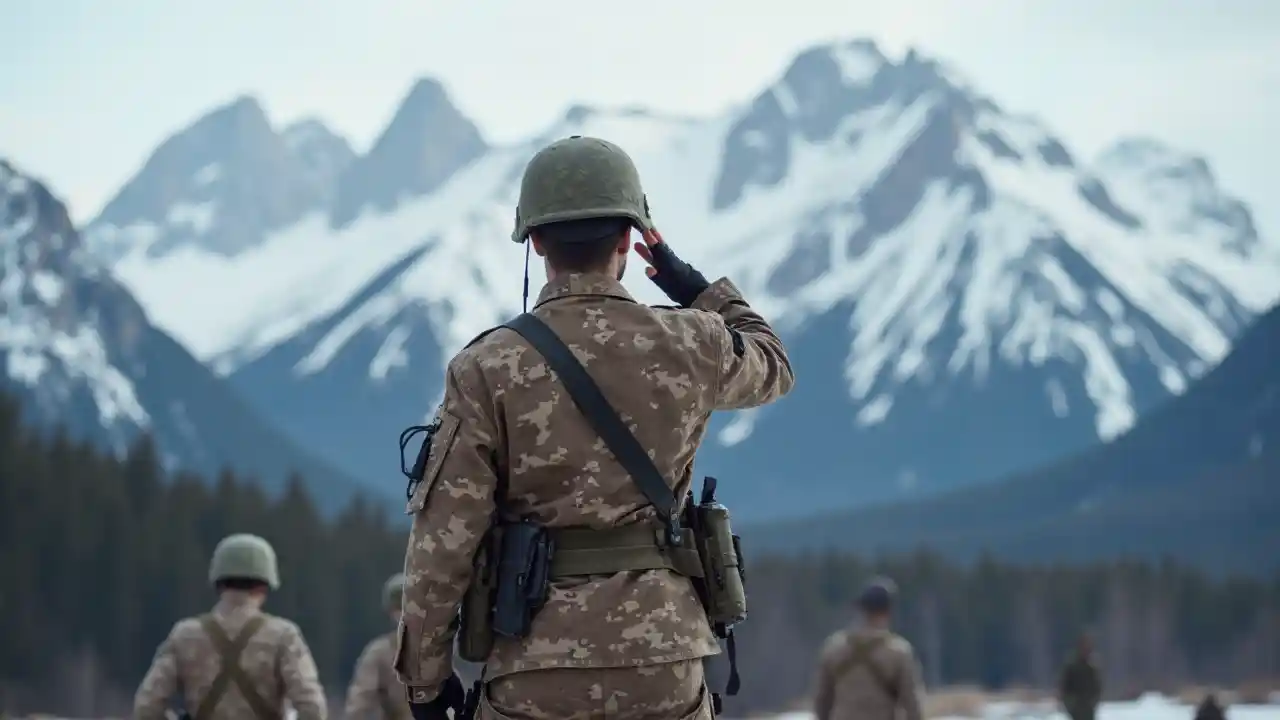 A Canadian Soldier Saluting Amidst Majestic Snowy Mountains