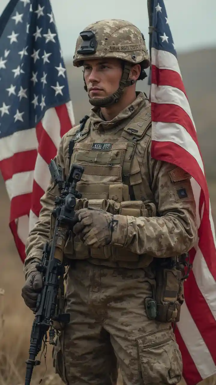 A Brave Soldier Standing Tall with American Flag