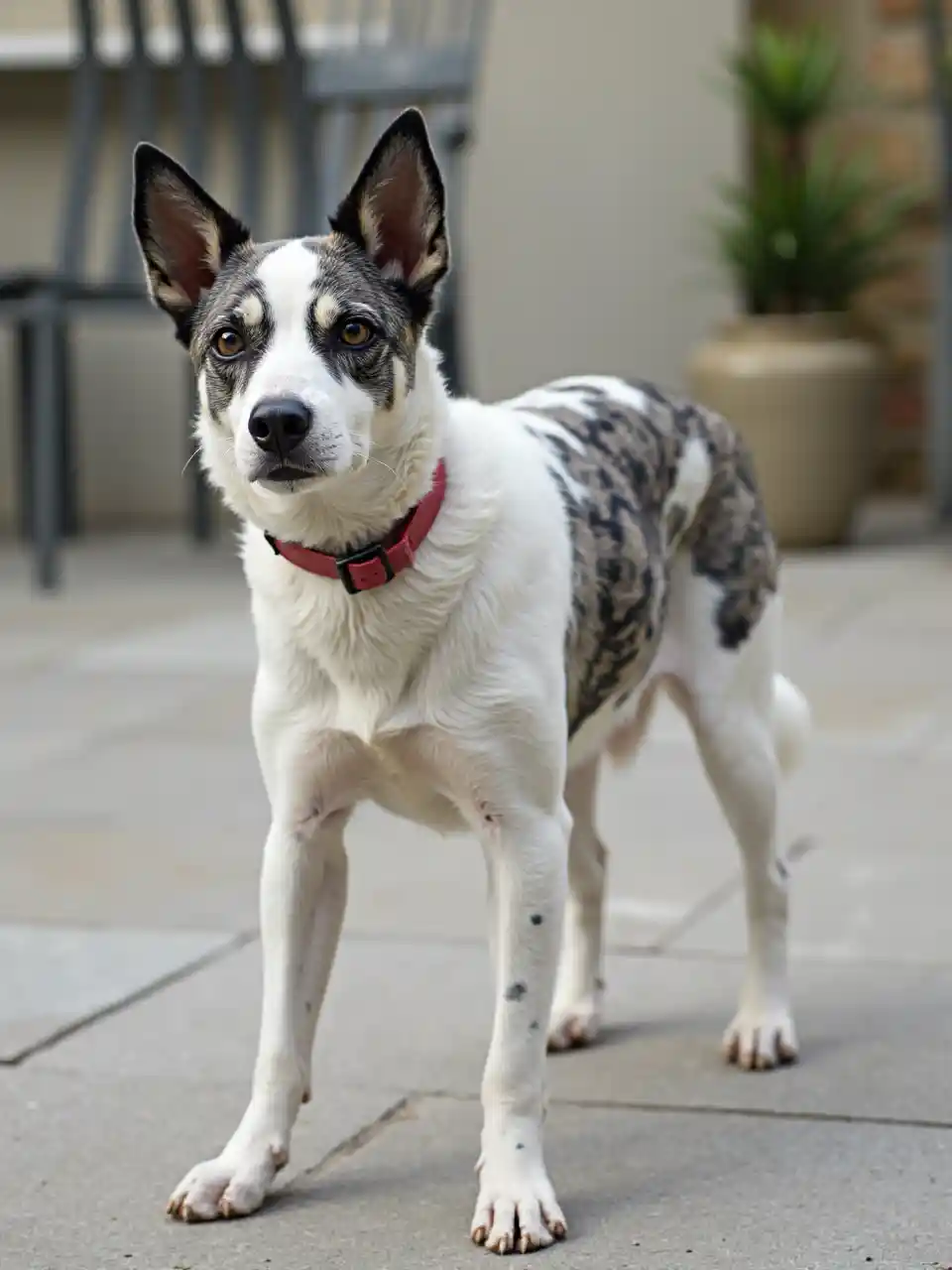 Spotted Dog with Red Collar Stands Proudly on Patio