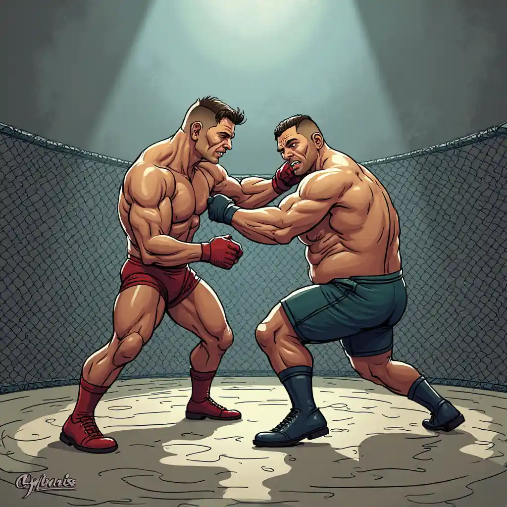 Intense Cage Match Between Two Muscular Wrestlers