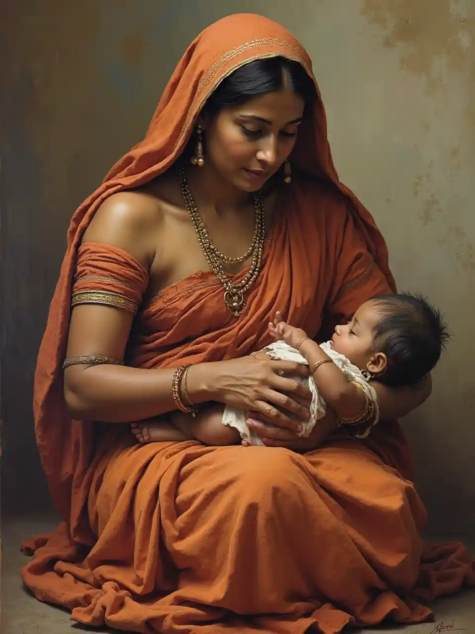 Traditional Indian Woman Breastfeeding Baby in Painting