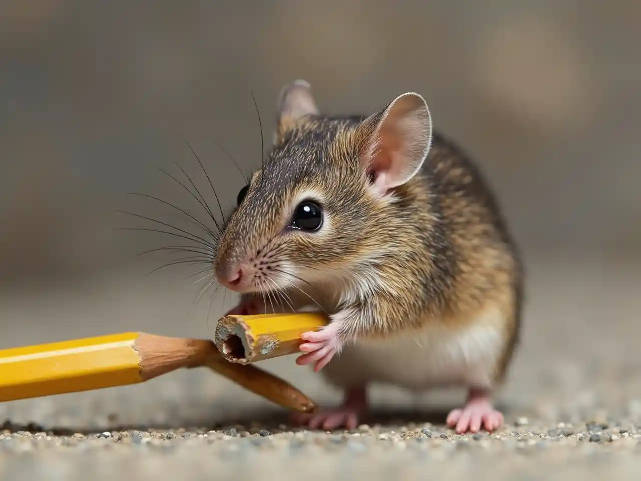 Curious Mouse Nibbles on a Colorful Pencil