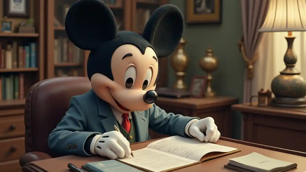 Mickey Mouse Reviews a Contract in His Suit