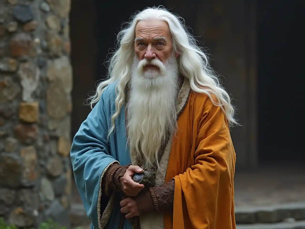 Gandalf the Dwarf Dressed in Light Blue and Orange Robes