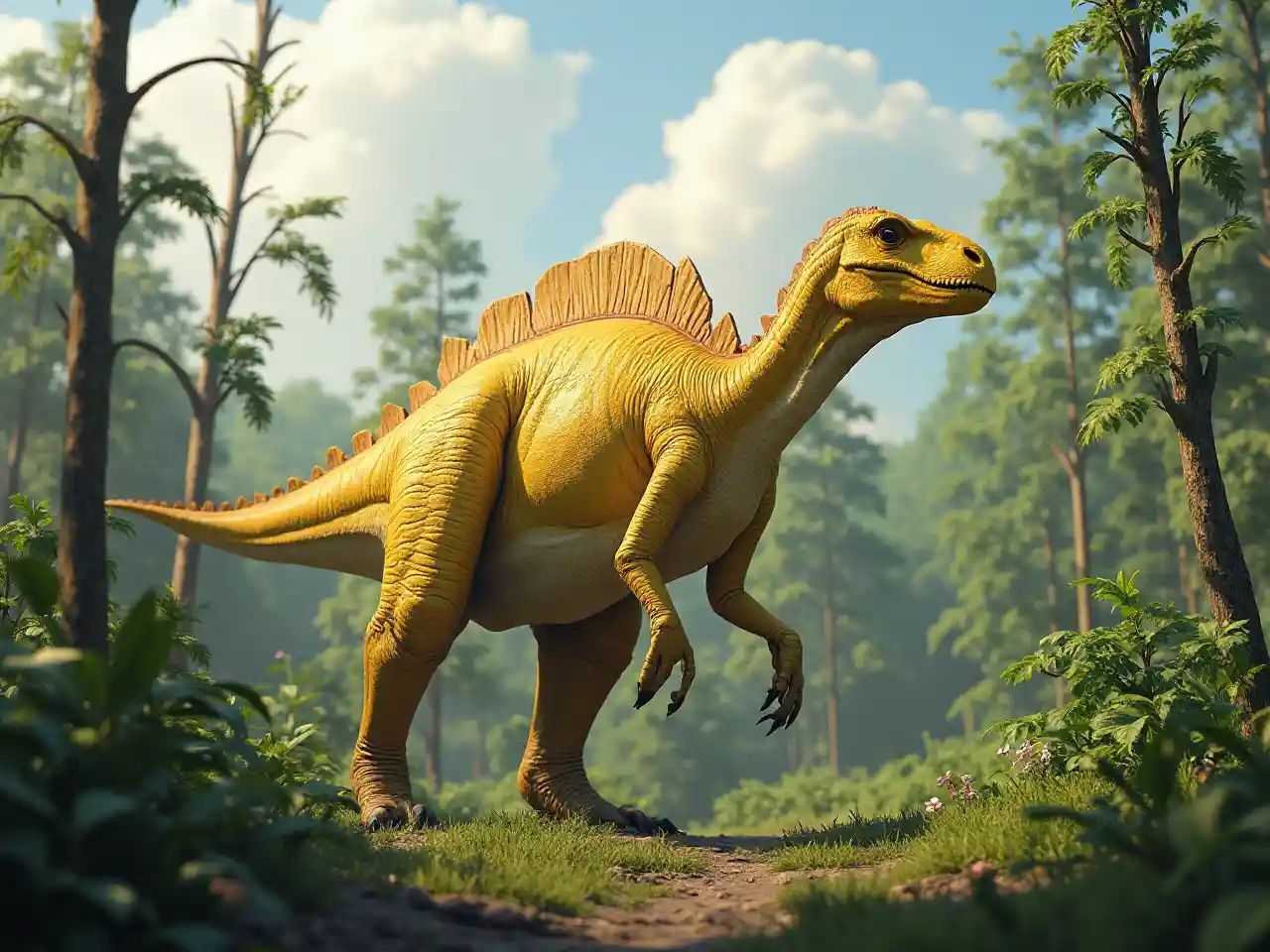 Giant Yellow Spinosaurus Amidst Lush Greenery