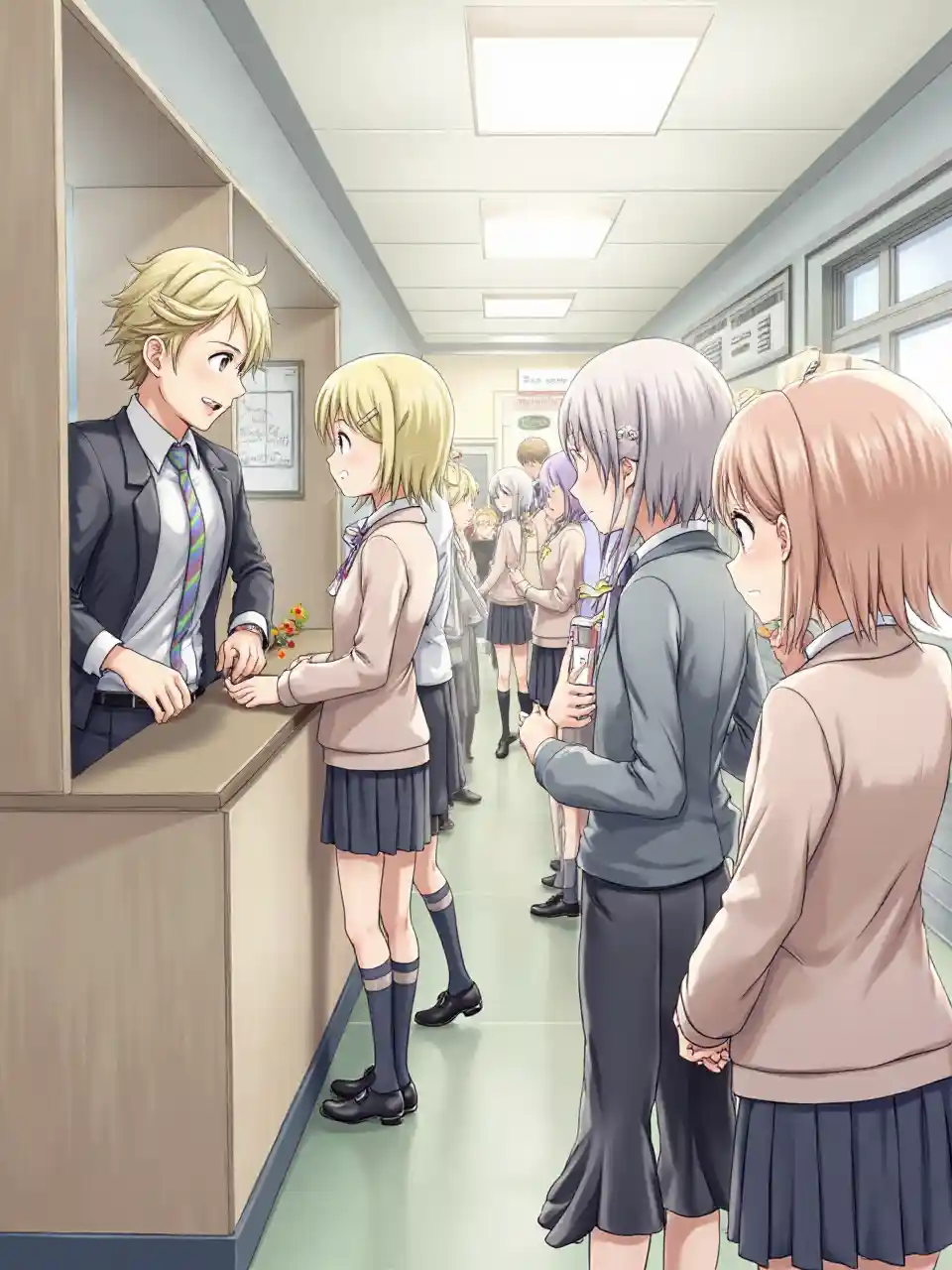 Students Engaging at a School Booth in Anime Style
