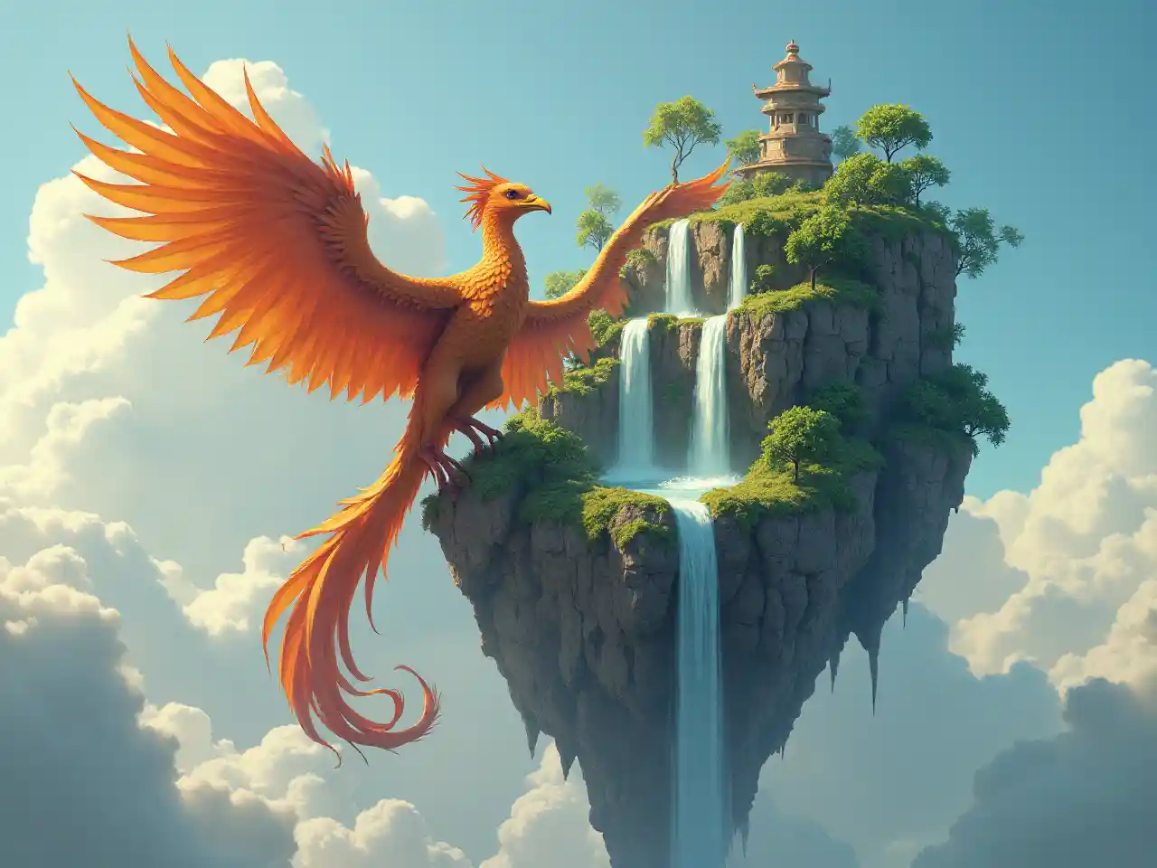 A Mechanical Phoenix Soars Over Waterfalls and Clouds