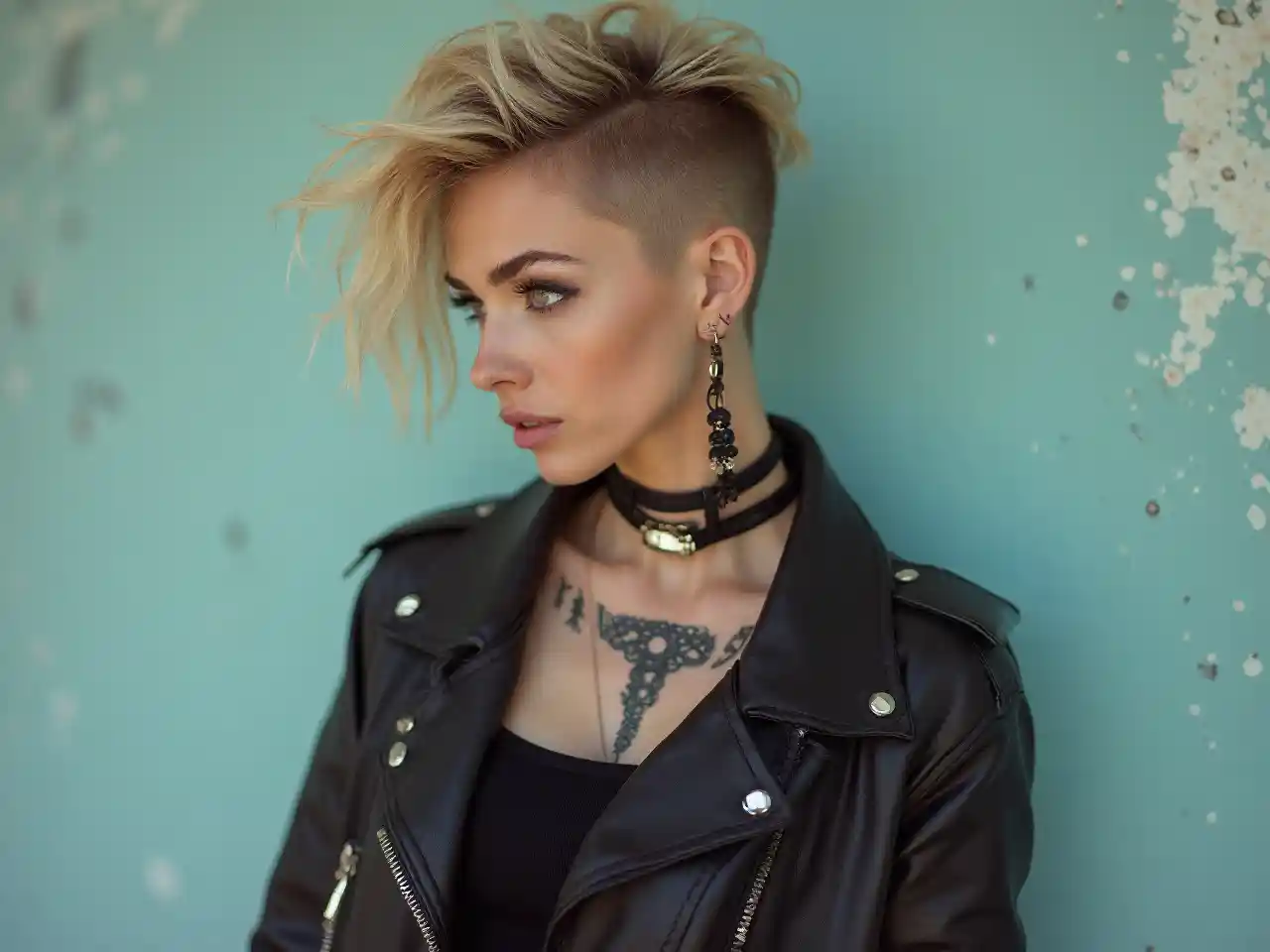 Trendy Female Model Showcasing Wolfcut Hairstyle and Edgy Outfit