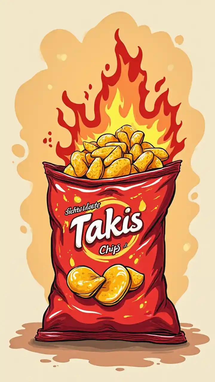Creative Illustration of a Flame-Covered Takis Chips Bag