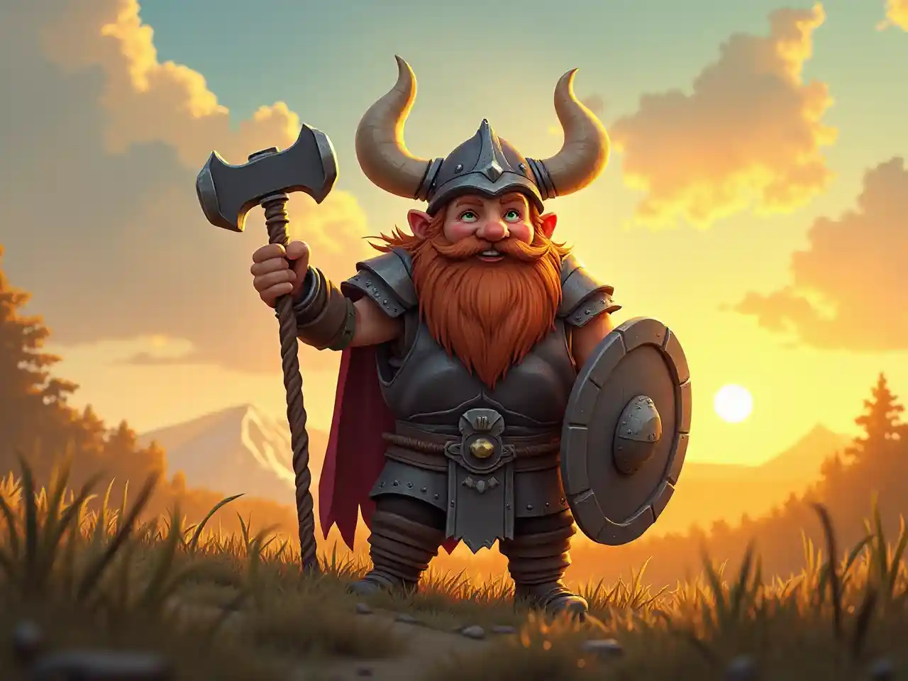 A Cartoonish Viking Dwarf in a Sunset Field