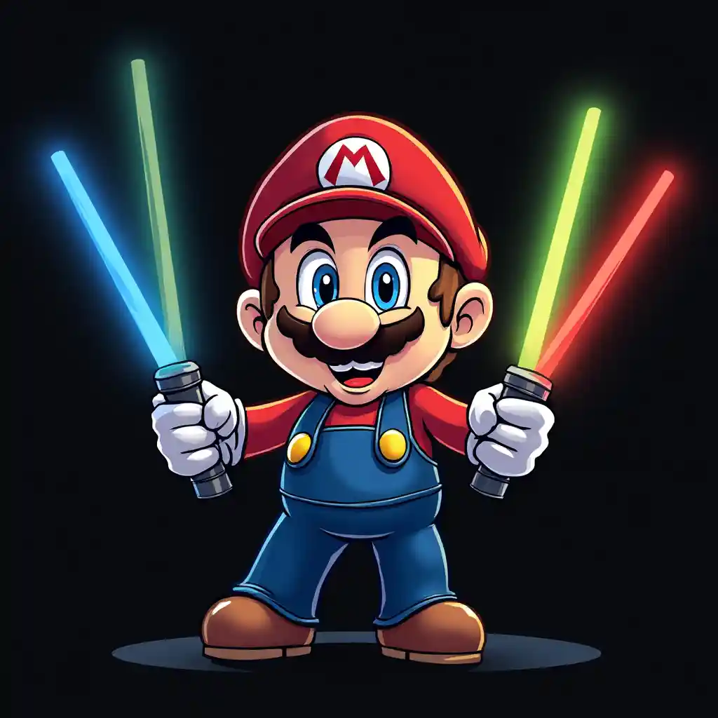 Mario Wields Colorful Lightsabers in Cartoon Style
