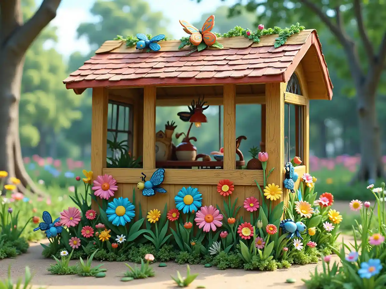 Creative Carton Garden Bus Shelter with Craft Insects