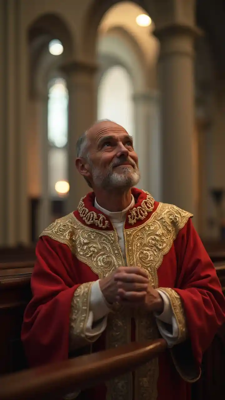 Saintly Elegance: A Man Posing as Pope in Church Setting