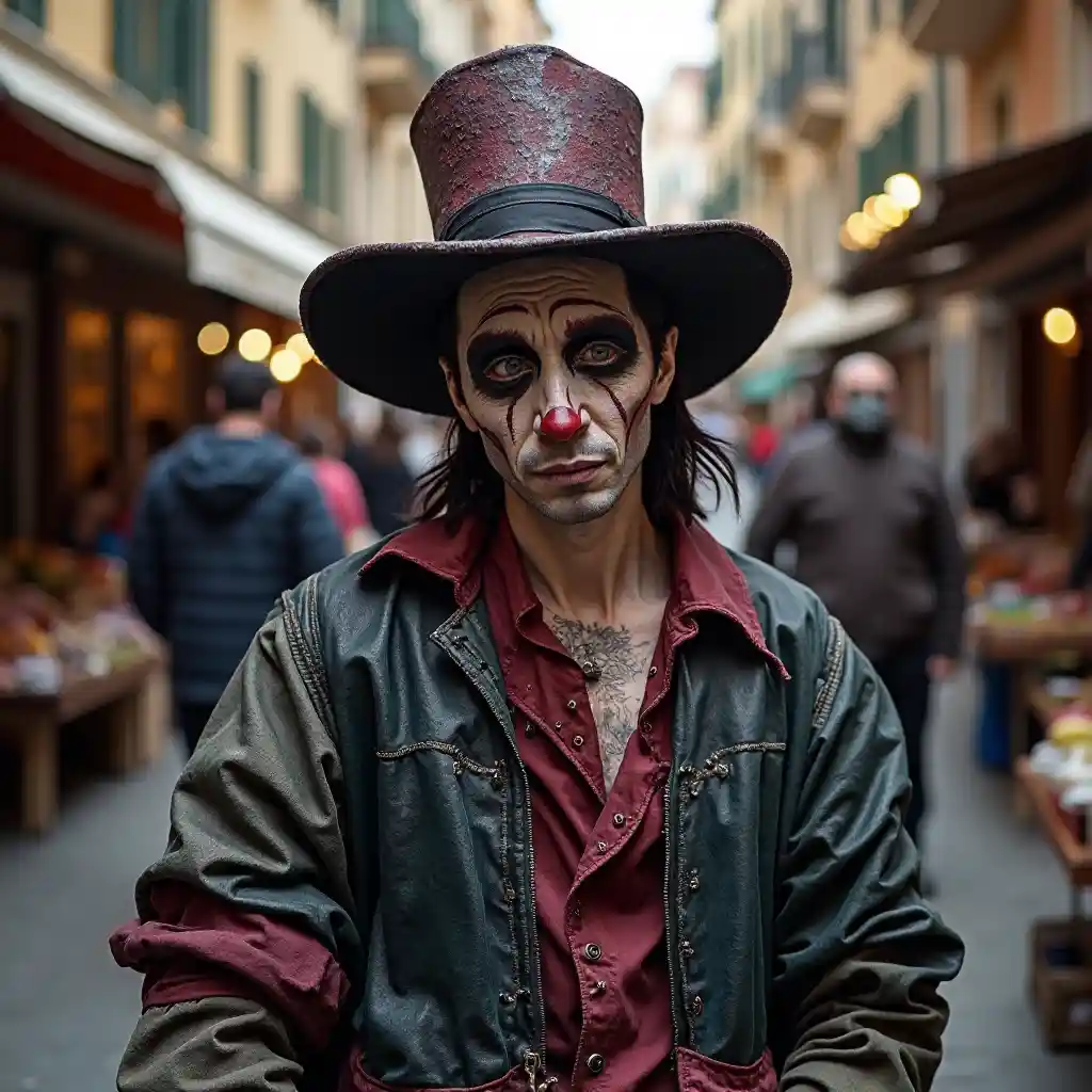 Zanni the Commedia Dell'arte Character in the Street Market