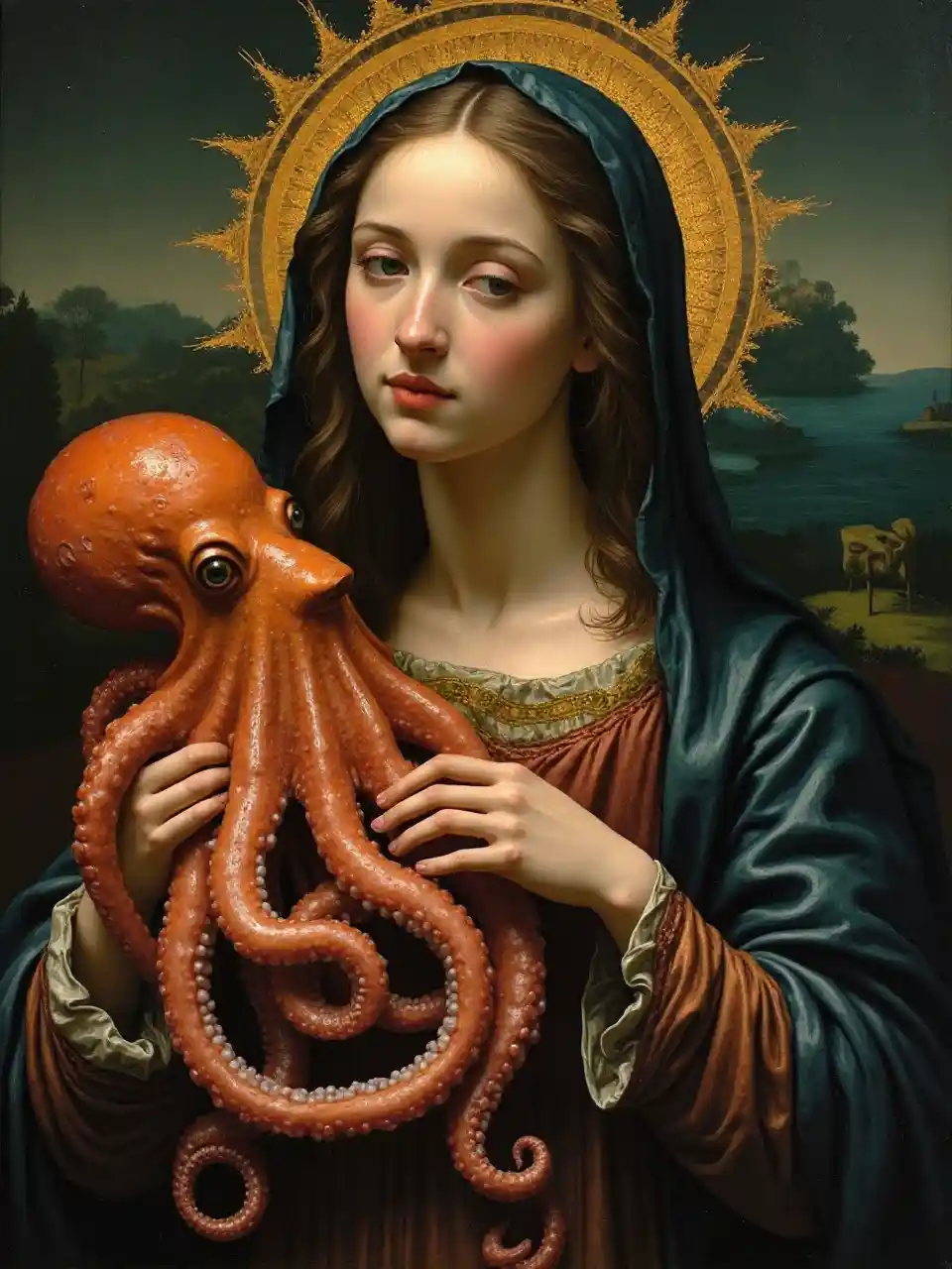 Artistic Representation of Virgin Mary with an Octopus in Da Vinci Style
