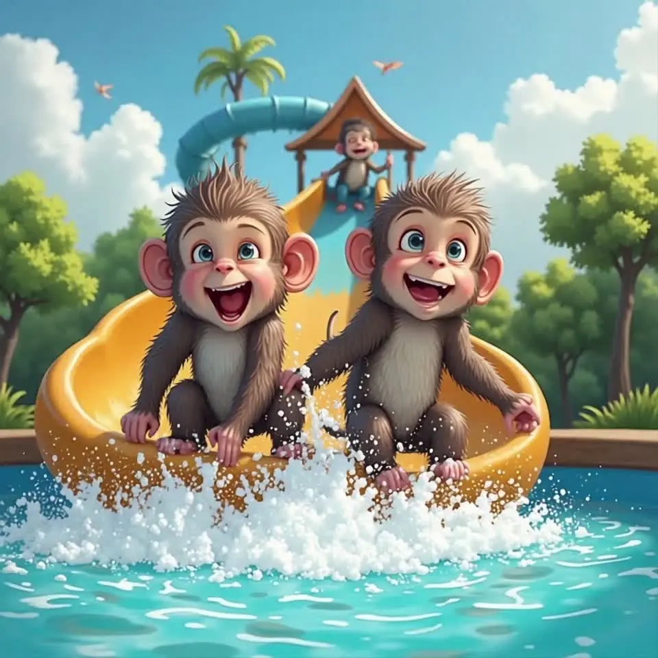 Experience the Joy of Two Monkeys Sliding on a Bright Water Slide