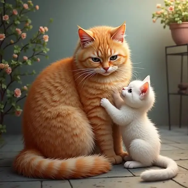 Khoảnh khắc quyến rũ: Một con mèo gừng vui tươi thư giãn với mèo con