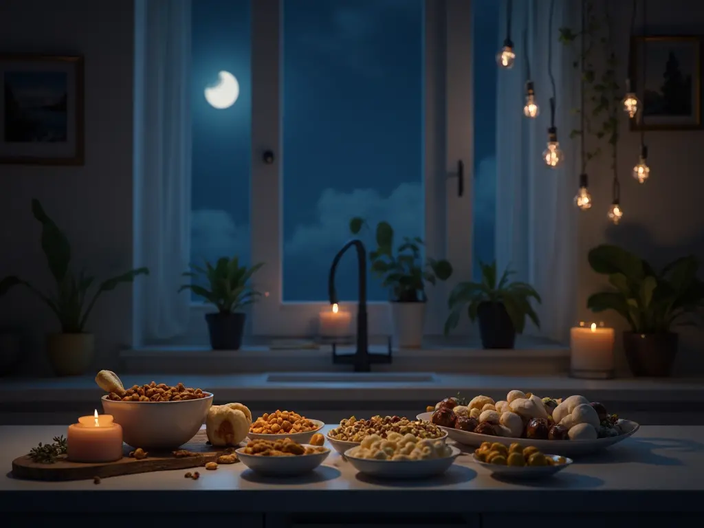 A Tranquil Moonlit Kitchen with Healthy Bedtime Snacks